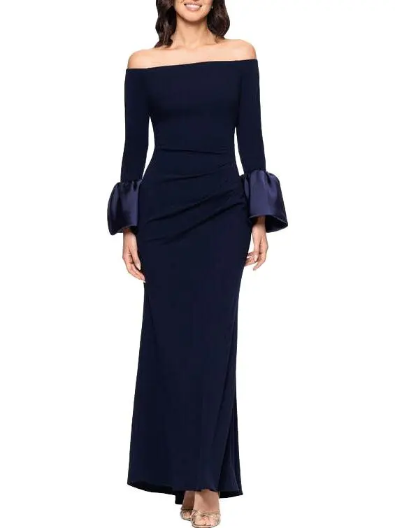 Betsy & Adam Off-the-shoulder Crepe Gown - Navy