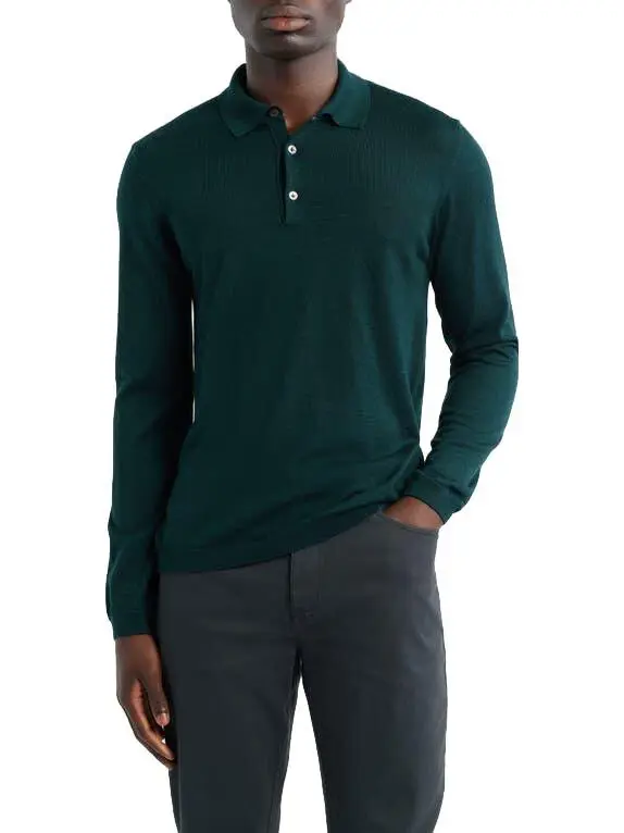 JACK VICTOR Long Sleeve Wool & Silk Polo Sweater - Forest Green