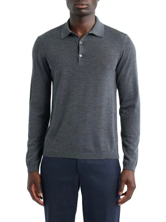 JACK VICTOR Long Sleeve Wool & Silk Polo Sweater - Grey