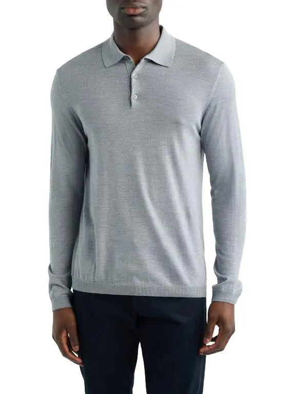 JACK VICTOR Long Sleeve Wool & Silk Polo Sweater - Light Grey