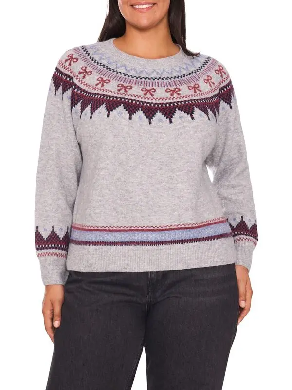 CECE DUPRAZ Fair Isle Ribbon Detail Crewneck Sweater - Light Heather Grey
