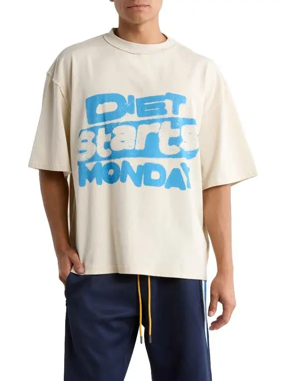 DIET STARTS MONDAY Stencil Logo Cotton Graphic T-shirt - Antique White/blue