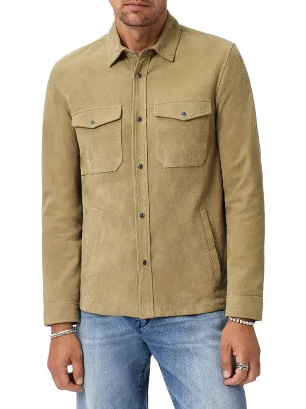 John Varvatos Jonah Herringbone Pattern Leather Overshirt - Dark Tan