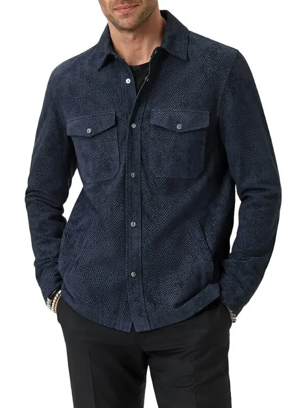 John Varvatos Jonah Herringbone Pattern Leather Overshirt - Navy