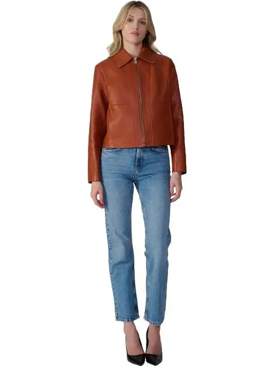 FURNIQ UK Daisy Leather Cropped Jacket - Whiskey
