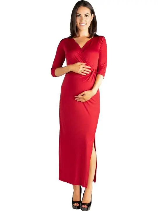24SEVEN COMFORT APPAREL Fitted V-neck Maternity Maxi Dress With Side Slit - Burgundy