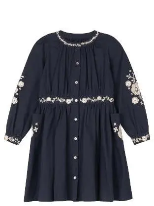 ELY'S & CO. Looms Floral Embroidered Waisted Cotton Dress - Navy