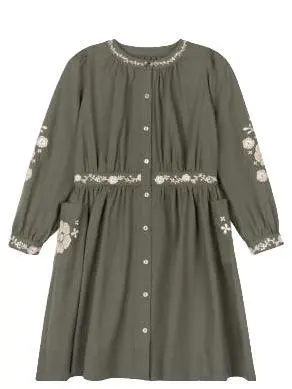 ELY'S & CO. Looms Floral Embroidered Waisted Cotton Dress - Olive