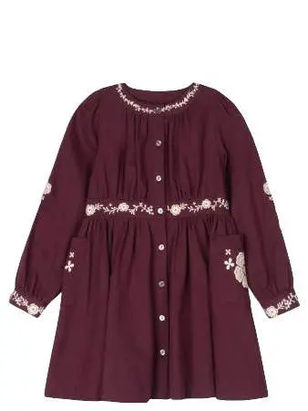 ELY'S & CO. Looms Floral Embroidered Waisted Cotton Dress - Wine