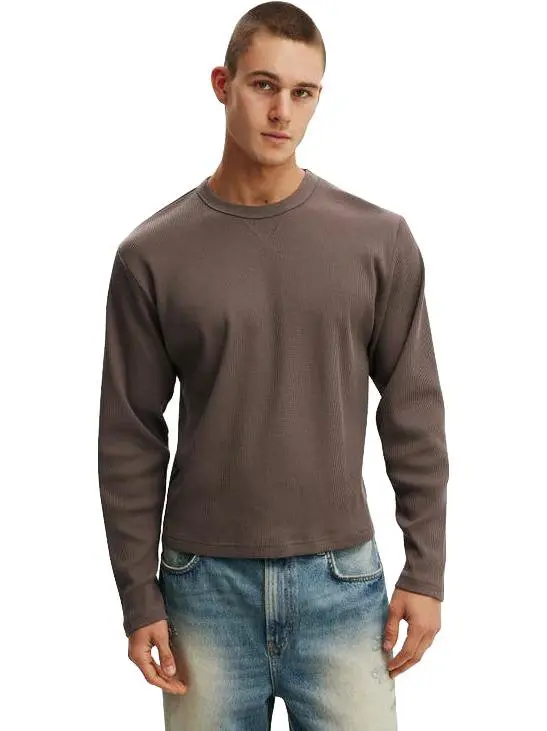 COTTON ON Cropped Fit Textured Long Sleeve - Washed Chocolate Waffle
