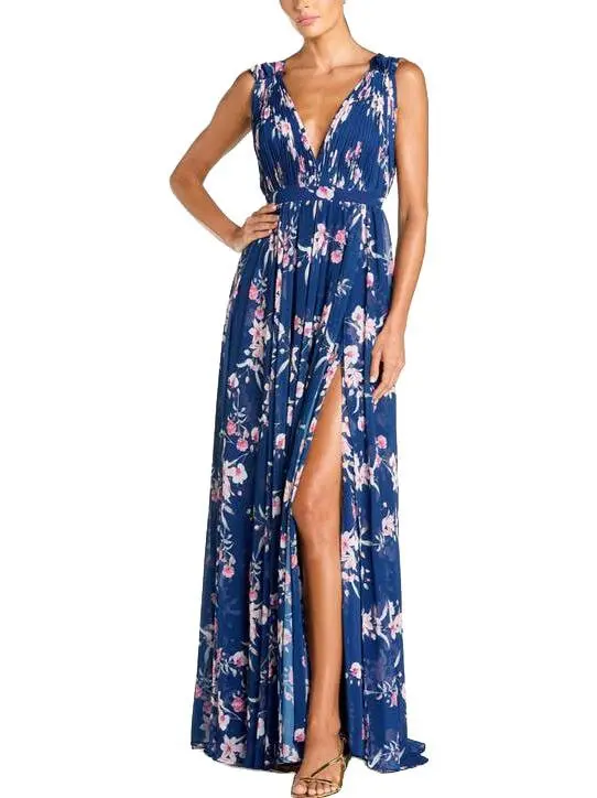 Mac Duggal Sleeveless Pleated Chiffon V-neck Gown - Blue Multi