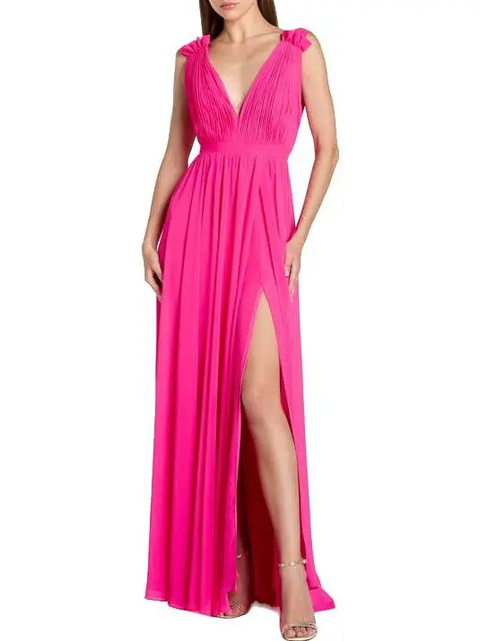 Mac Duggal Sleeveless Pleated Chiffon V-neck Gown - Hot Pink