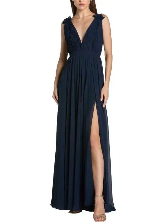 Mac Duggal Sleeveless Pleated Chiffon V-neck Gown - Navy