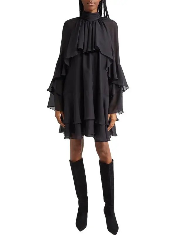 Veronica Beard Adlington Ruffle Detail Long Sleeve Silk Chiffon Dress - Black