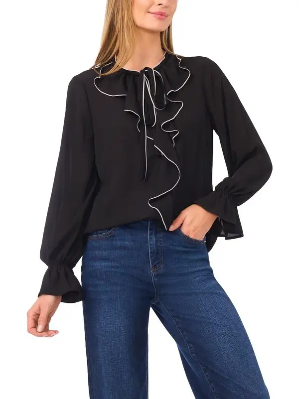 CECE DUPRAZ Contrast Trim Ruffle Blouse - Rich Black