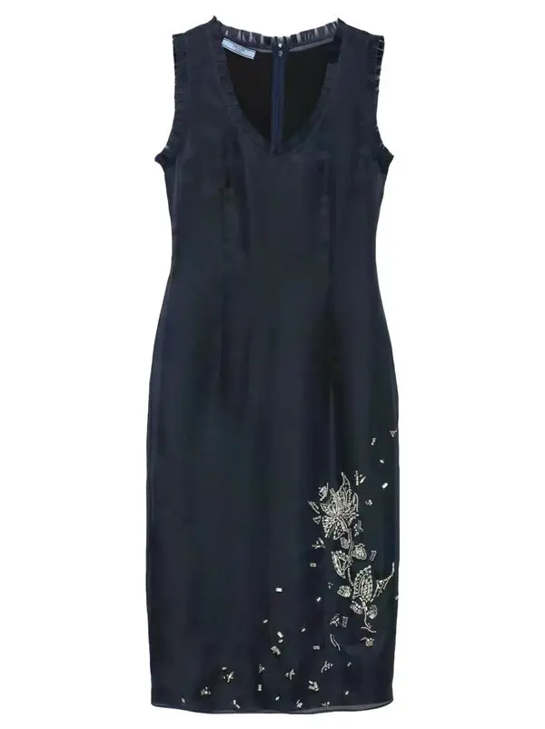 Prada Embroidered Silk Midi Dress - Blue
