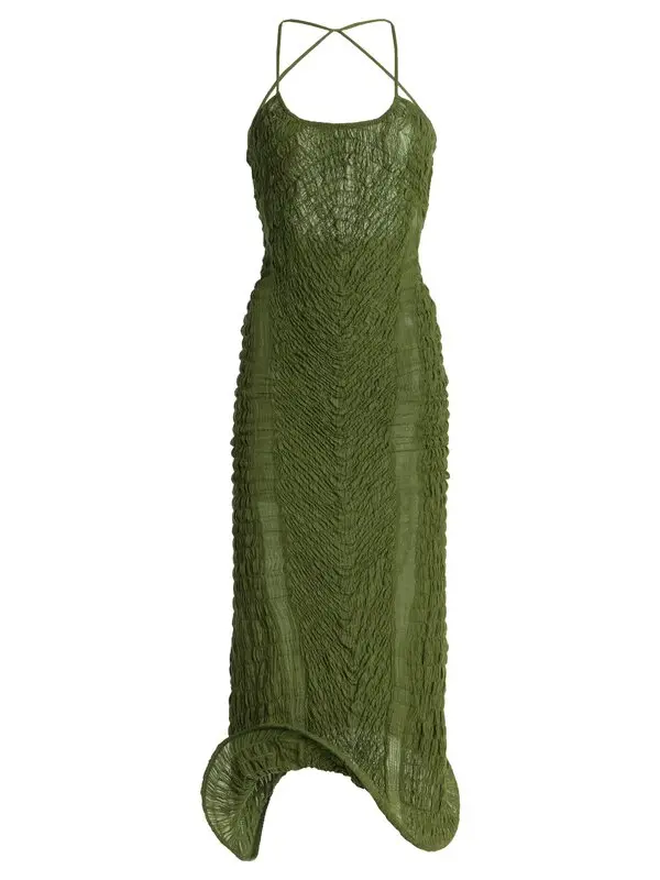 TG BOTANICAL Shirred Cotton Midi Dress - Green
