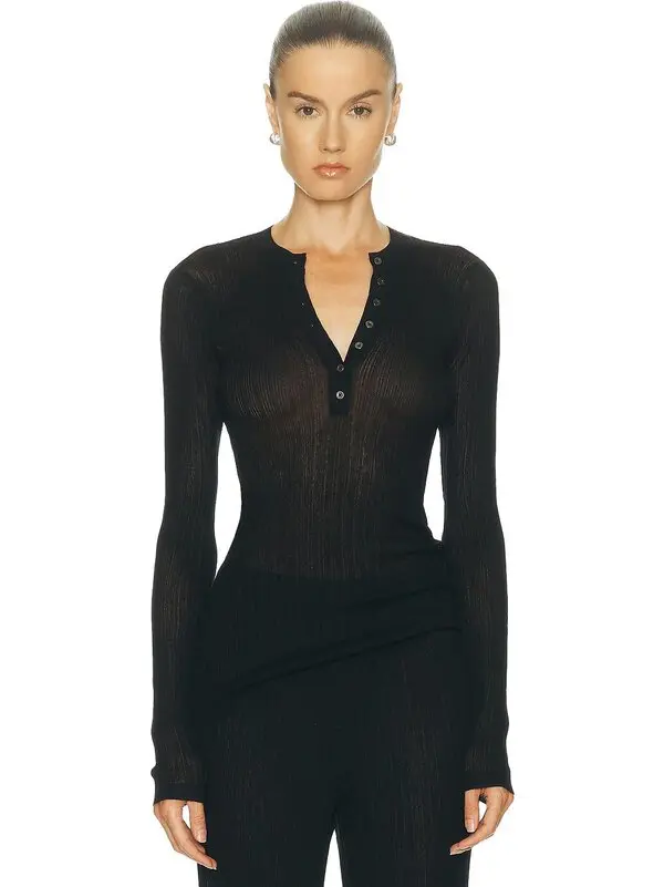 SKIMS Sheer Knit Long Sleeve Henley Top - Onyx