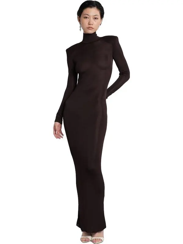 SELF-PORTRAIT Long Sleeve Bodycon Maxi Dress - Brown