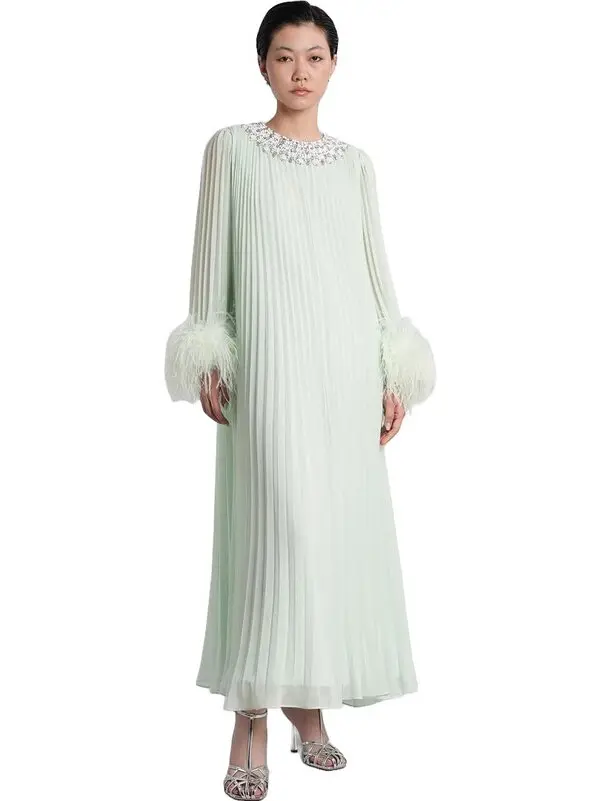 SELF-PORTRAIT Long Pleated Dress With Feather Detailing - Green