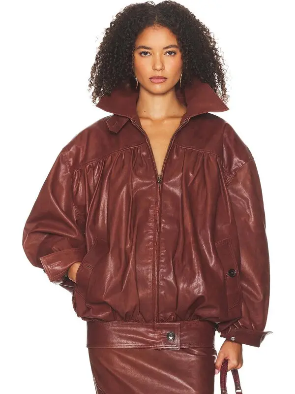 HELSA Shirred Oversized Leather Jacket - Cognac