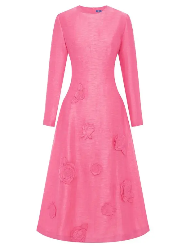 LEO LIN Amira Appliquéd Linen-blend Midi Dress - Fuchsia