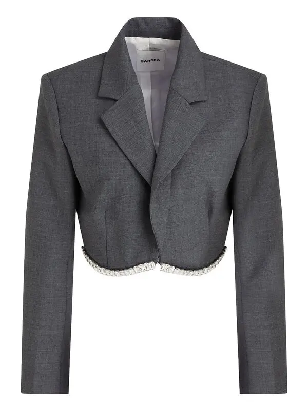 Sandro Crystal-embellished Cropped Wool-blend Twill Blazer - Anthracite