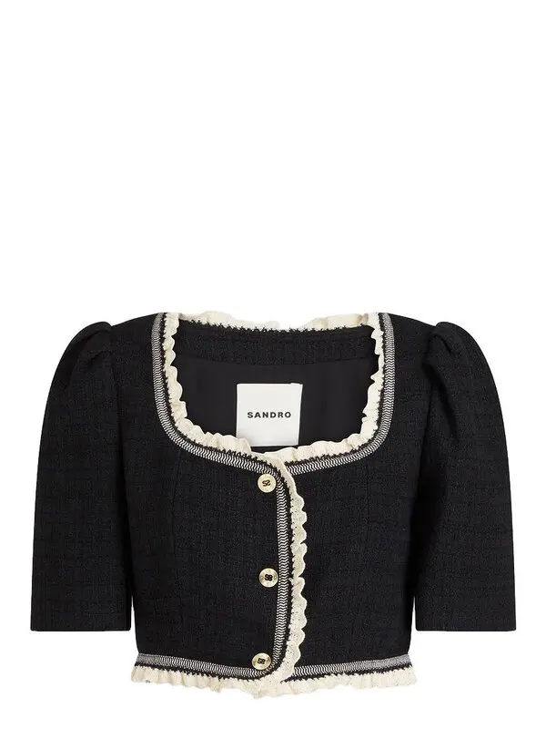 Sandro Cropped Ruffled Tweed Jacket - Black