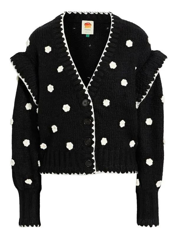 Farm Rio Floral-appliquéd Ribbed-knit Cardigan - Black