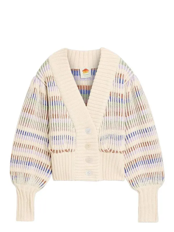 Farm Rio Striped Ribbed-knit Cardigan - Ecru
