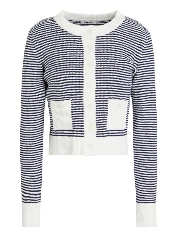 Sandro Cropped Striped Ribbed Cardigan - Navy