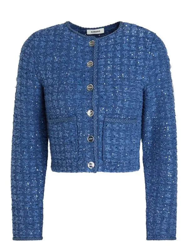 Sandro Cropped Sequin-embellished Bouclé-tweed Jacket - Blue