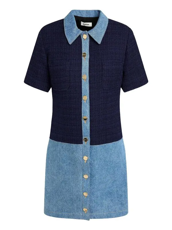 Sandro Denim-paneled Tweed Shirt Dress - Navy
