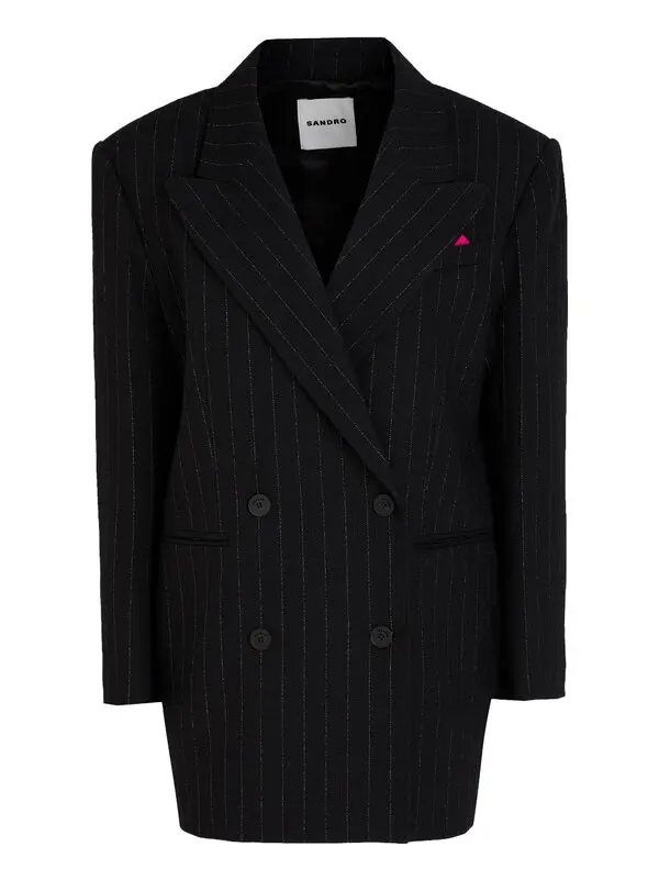 Sandro Double-breasted Pinstriped Tweed Blazer - Black