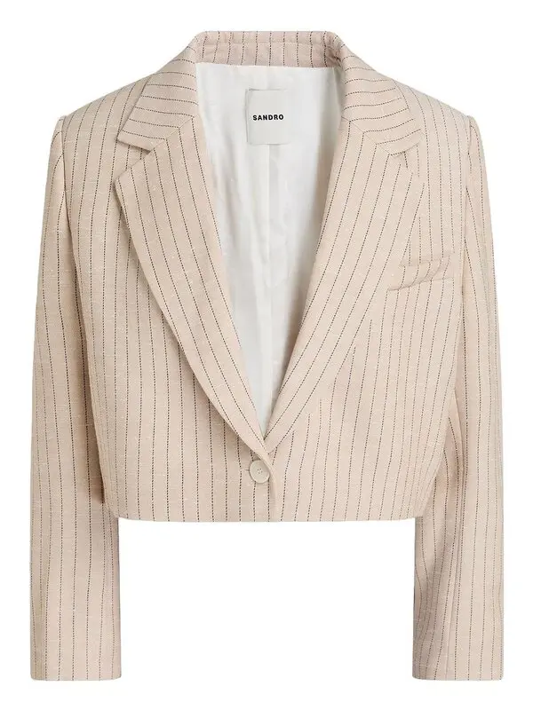 Sandro Cropped Pinstriped Tweed Blazer - Beige