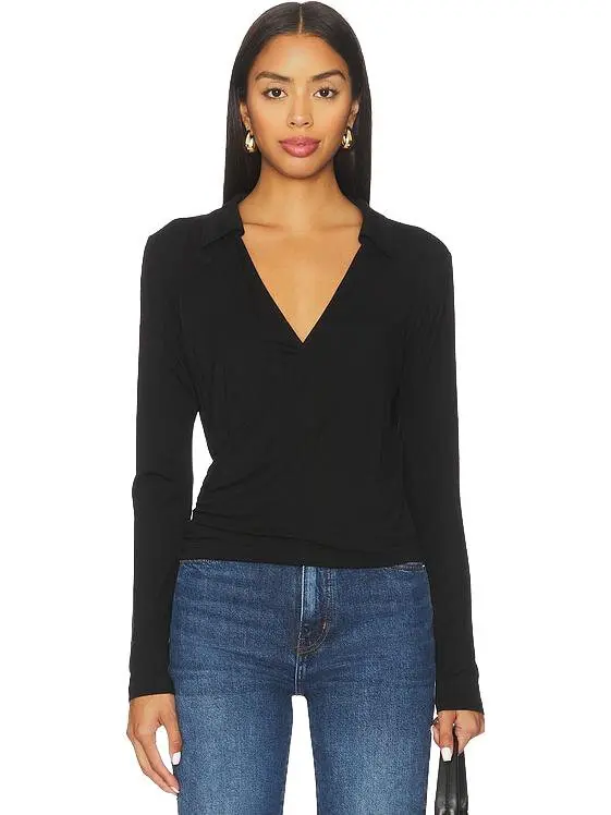 Lna Camryn Wrap Long Sleeve Top - Black