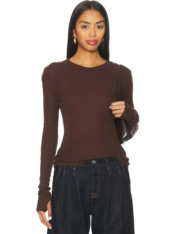Michael Lauren Axl Long Sleeve Crop Fitted Top - Dark Brown