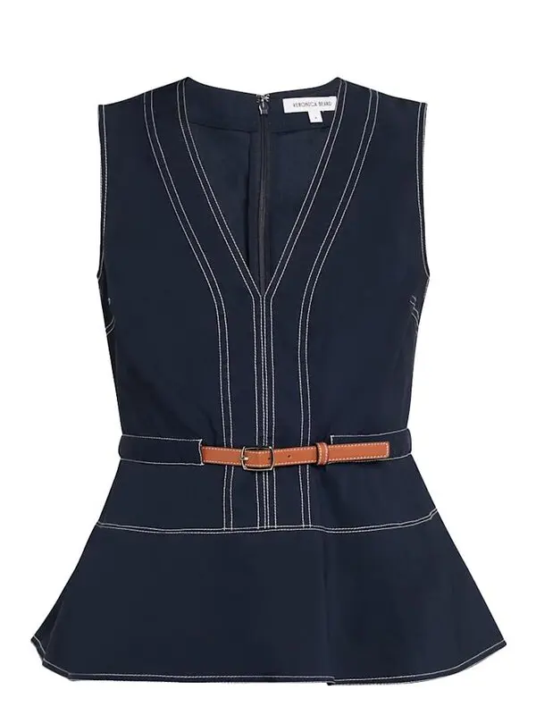 Veronica Beard Nickelby Belted V-neck Top - Navy