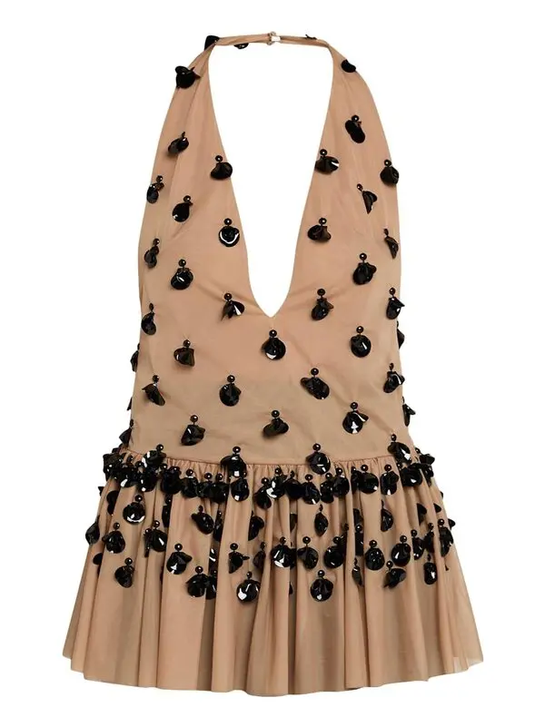 DIOTIMA Embellished Plunging Halter Peplum Top - Ginger