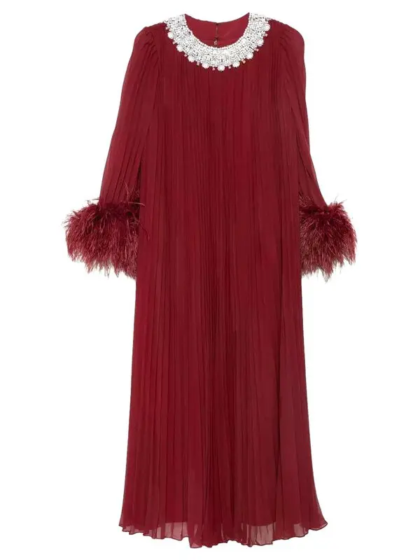 SELF-PORTRAIT Feather-trimmed Chiffon Midi Dress - Red