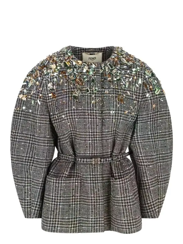 Fendi Crystal-embellished Tweed Jacket - Grey