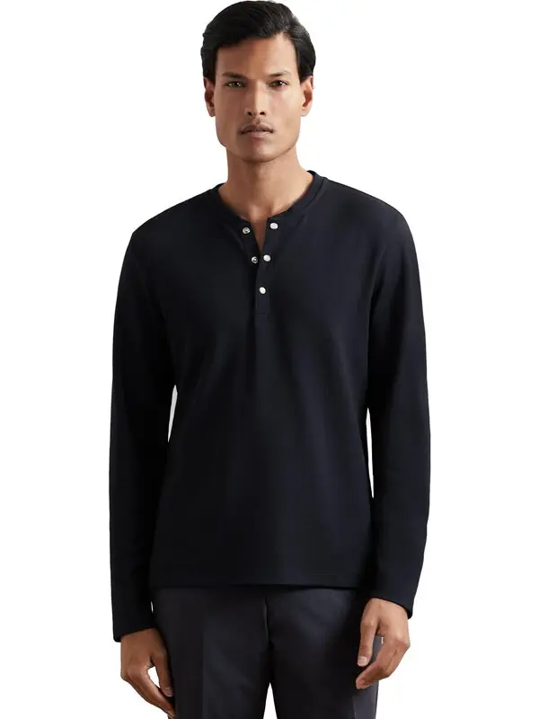 REISS Carmello Textured Grandad-collar Henley Shirt - Navy