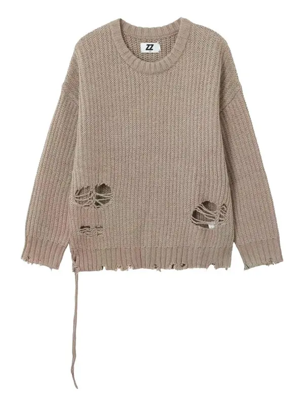 Izzue Distressed Ribbed Knit Sweater - Neutrals