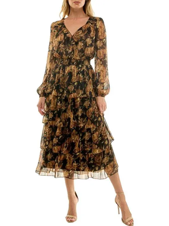 SOCIALITE Floral Long Sleeve Tiered Midi Dress - Black Gold Vintage