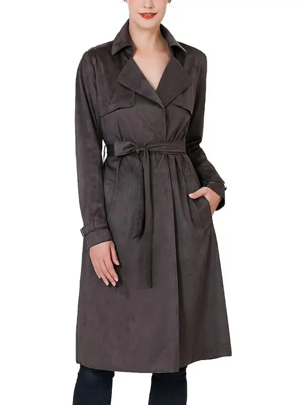 KIMI + KAI Faux Suede Trench Coat With Self-tie Belt - Coffee