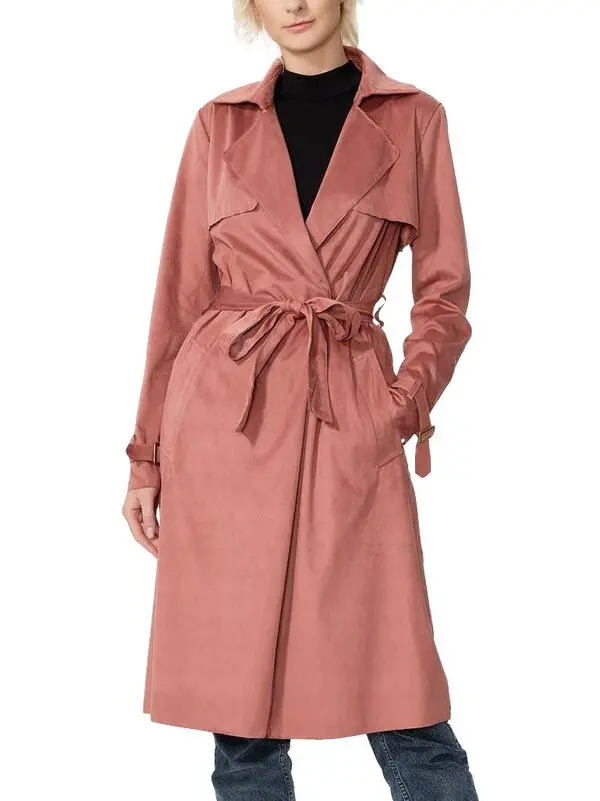 KIMI + KAI Faux Suede Trench Coat With Self-tie Belt - Coral Haze