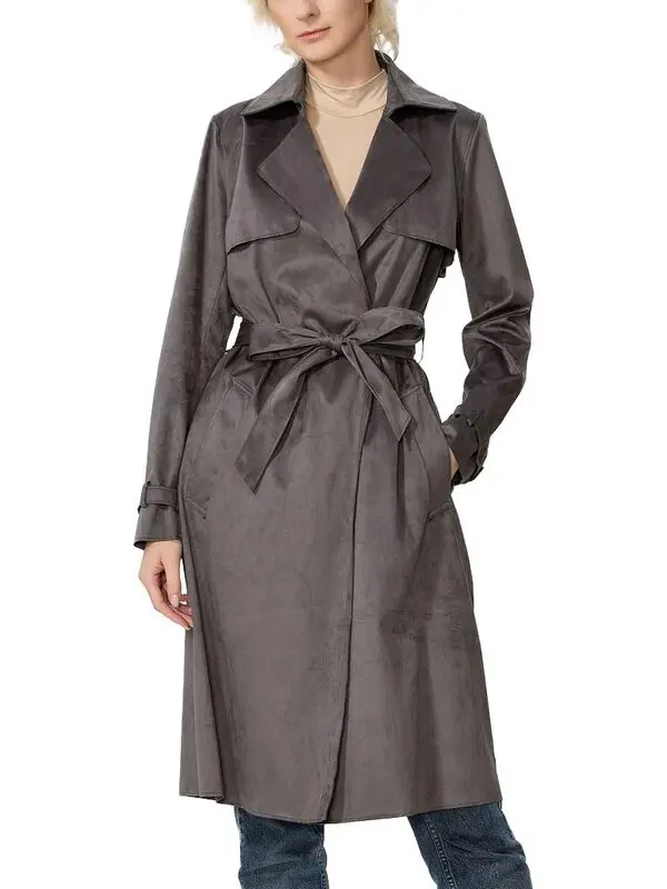 KIMI + KAI Faux Suede Trench Coat With Self-tie Belt - Dark Gray