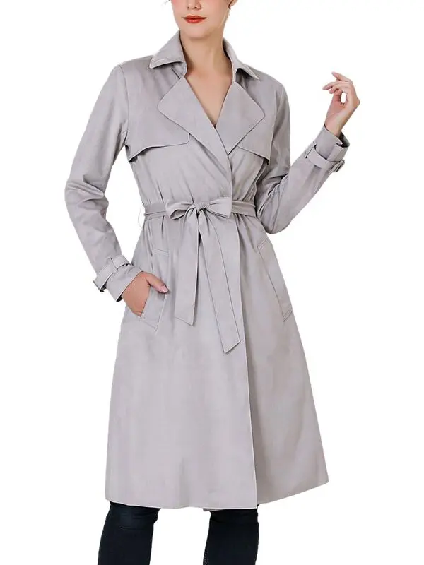 KIMI + KAI Faux Suede Trench Coat With Self-tie Belt - Gray