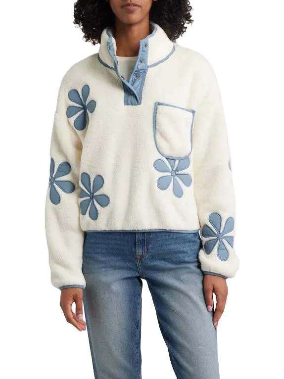 THREAD & SUPPLY Flower Patch Faux Shearling Pullover - Ivory Windward Blue Combo