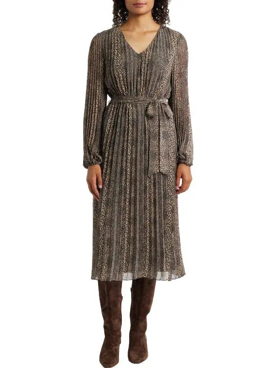 Sam Edelman Pleated Long Sleeve Midi Dress - Animal
